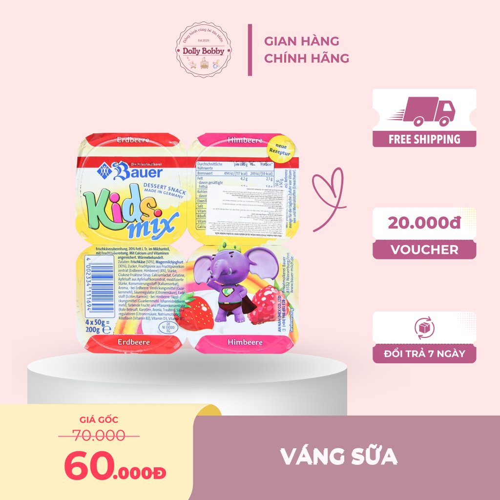 Phô mai hoa quả Kids Mix 200g (Vỉ 4 hộp x 50g) - Dolly Bobby